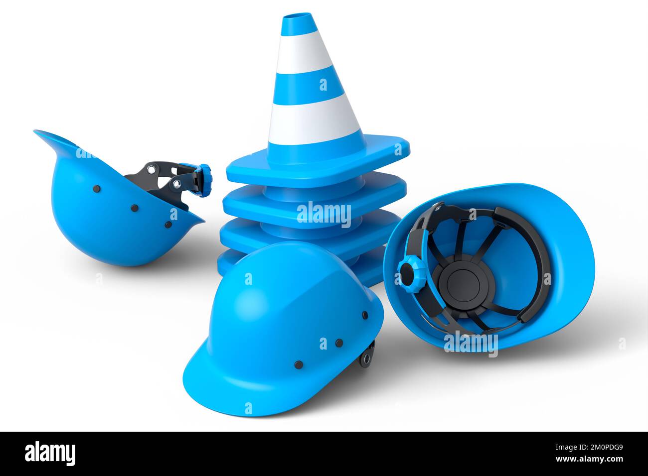 Stack of safety helmets or hard hats and traffic cones for under ...