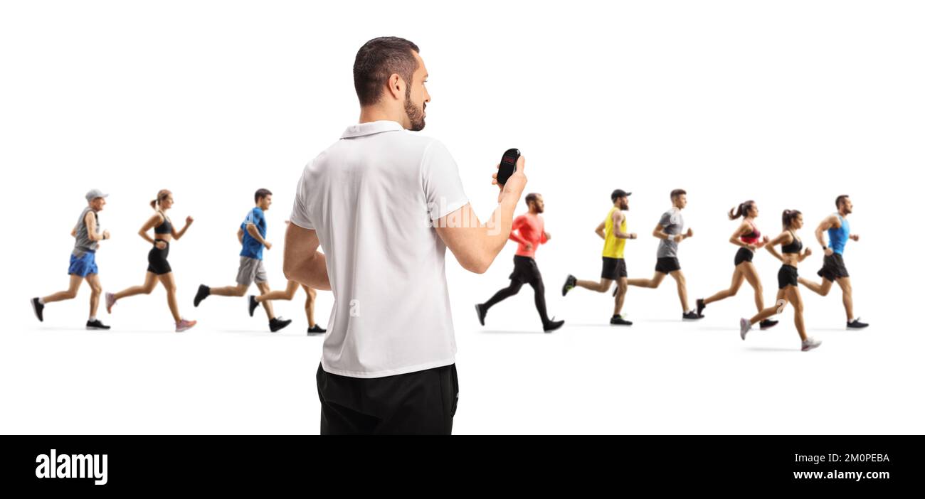 People running and a coach measuring time with a stopwatch isolated on ...