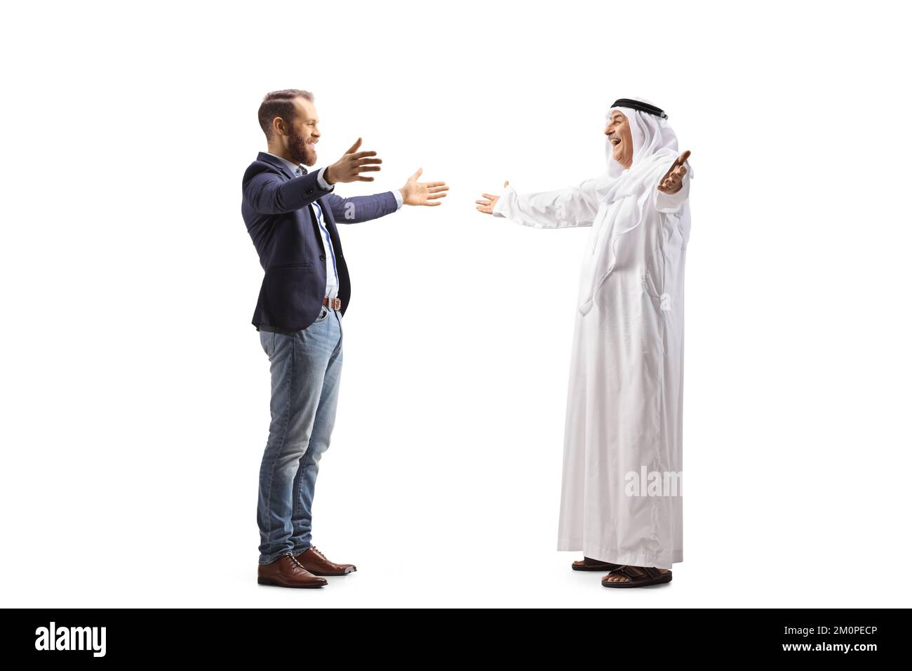 Young man meeting and greeting an arab man isolated on white background ...