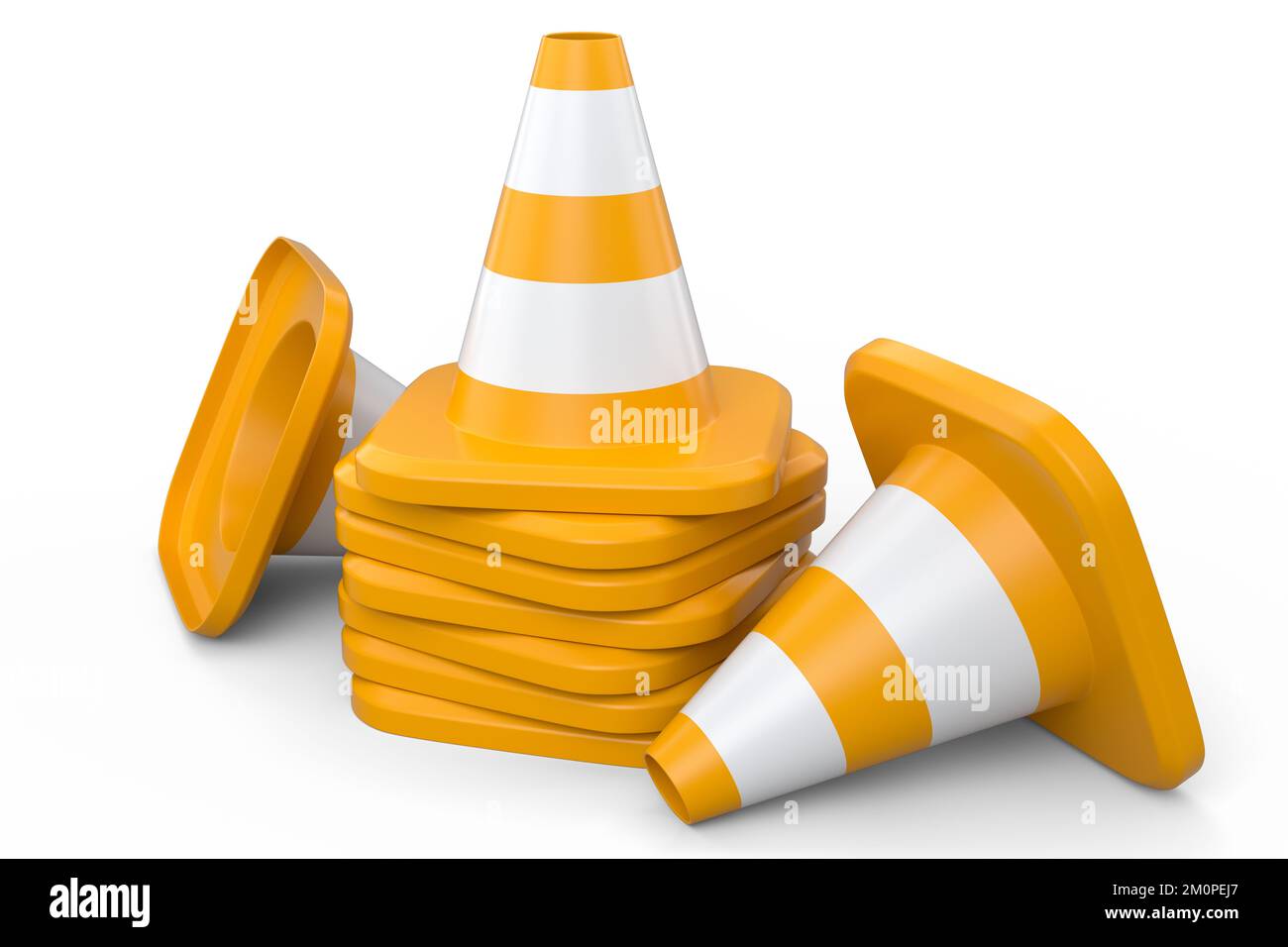 Set of traffic cones for under construction road work on white ...