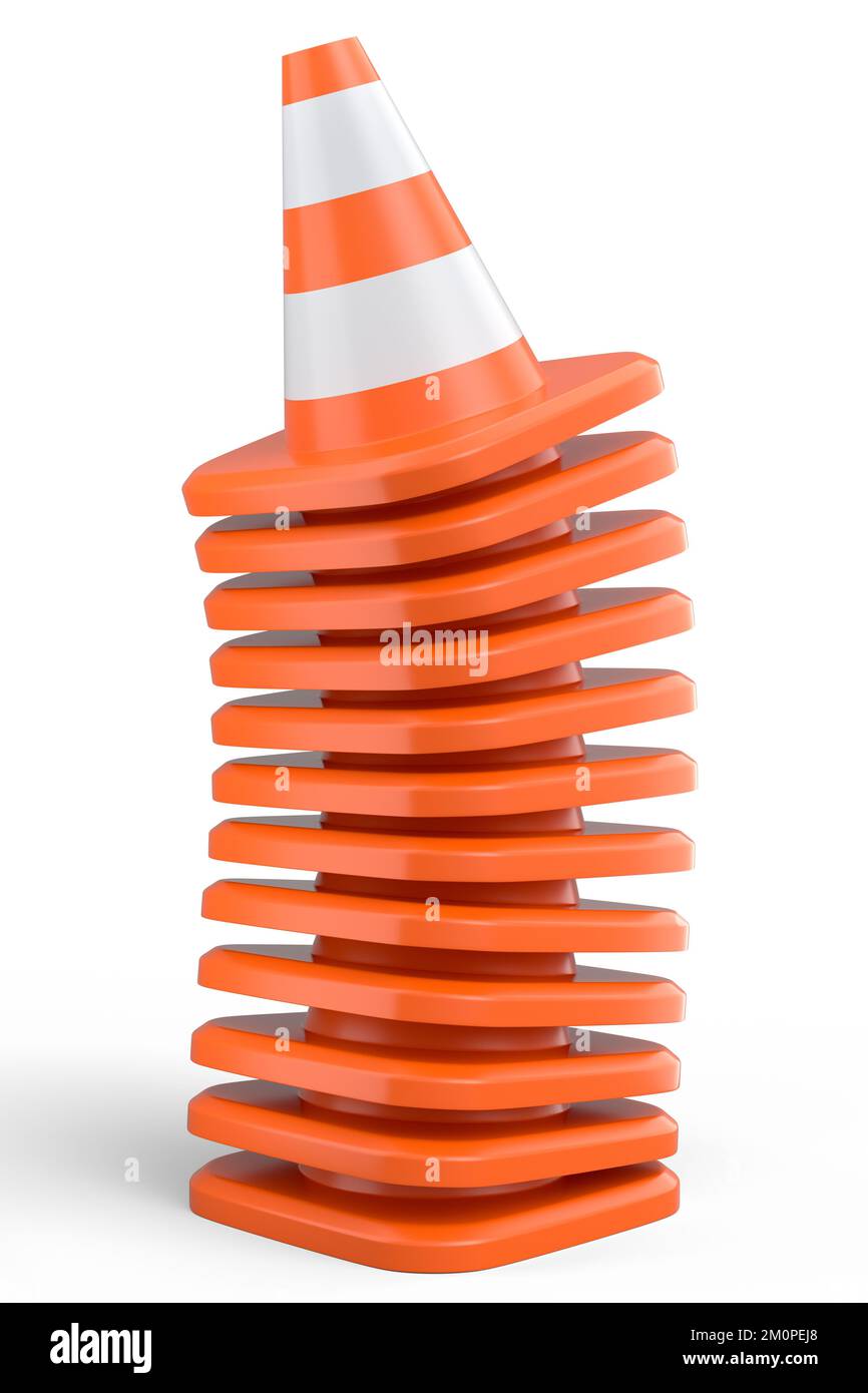 Set of traffic cones for under construction road work on white ...