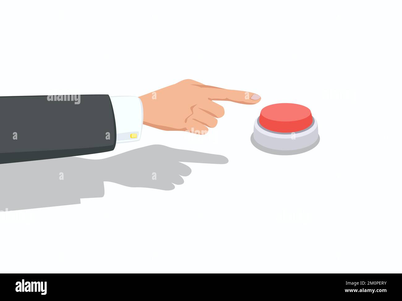 Hand with black sleeve and white shirt push the Red Button with a ...