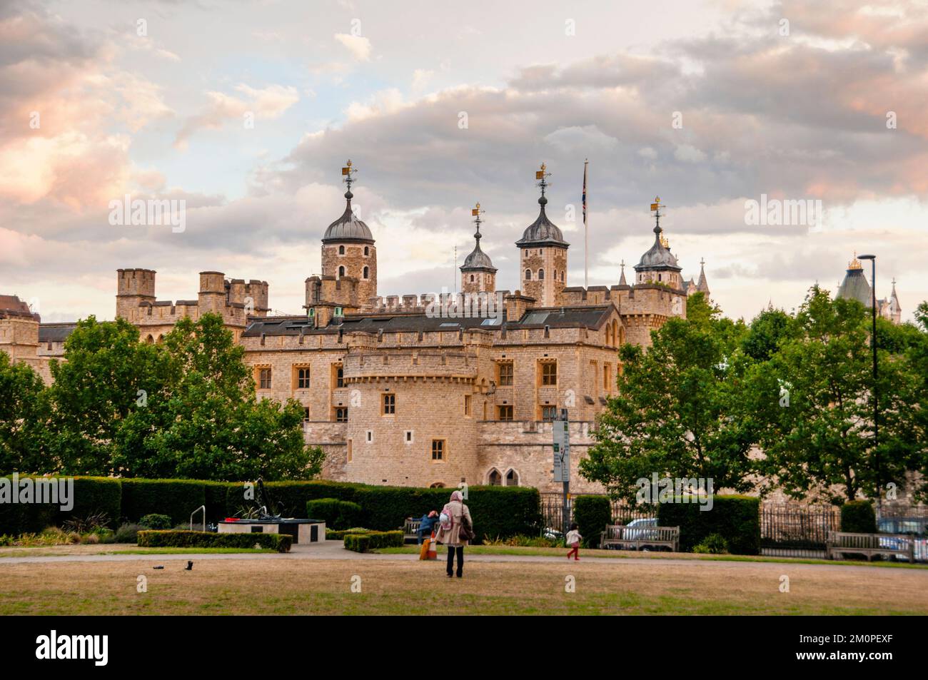 The Tower of London castle in London, England. Spires are the Norman ...