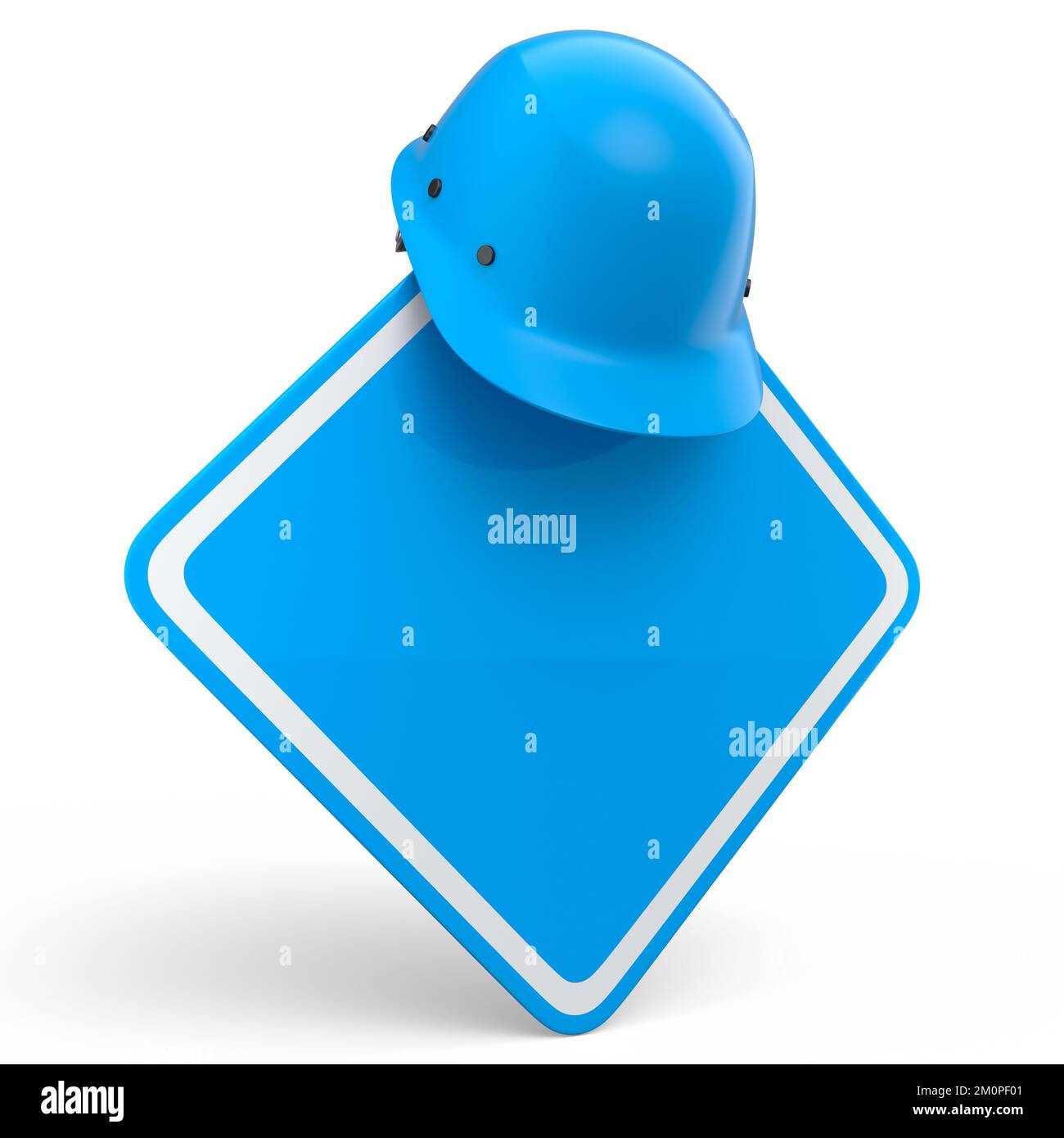 Safety helmet or hard hat on road traffic sign isolated on white ...