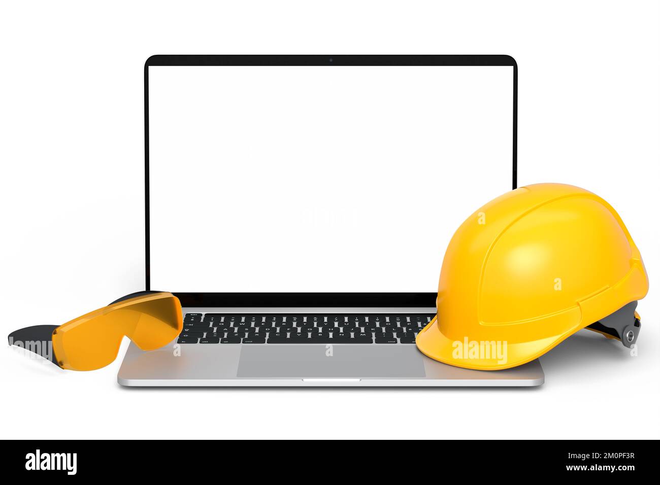 Set of safety helmets or hard caps, goggles and laptop for carpentry ...