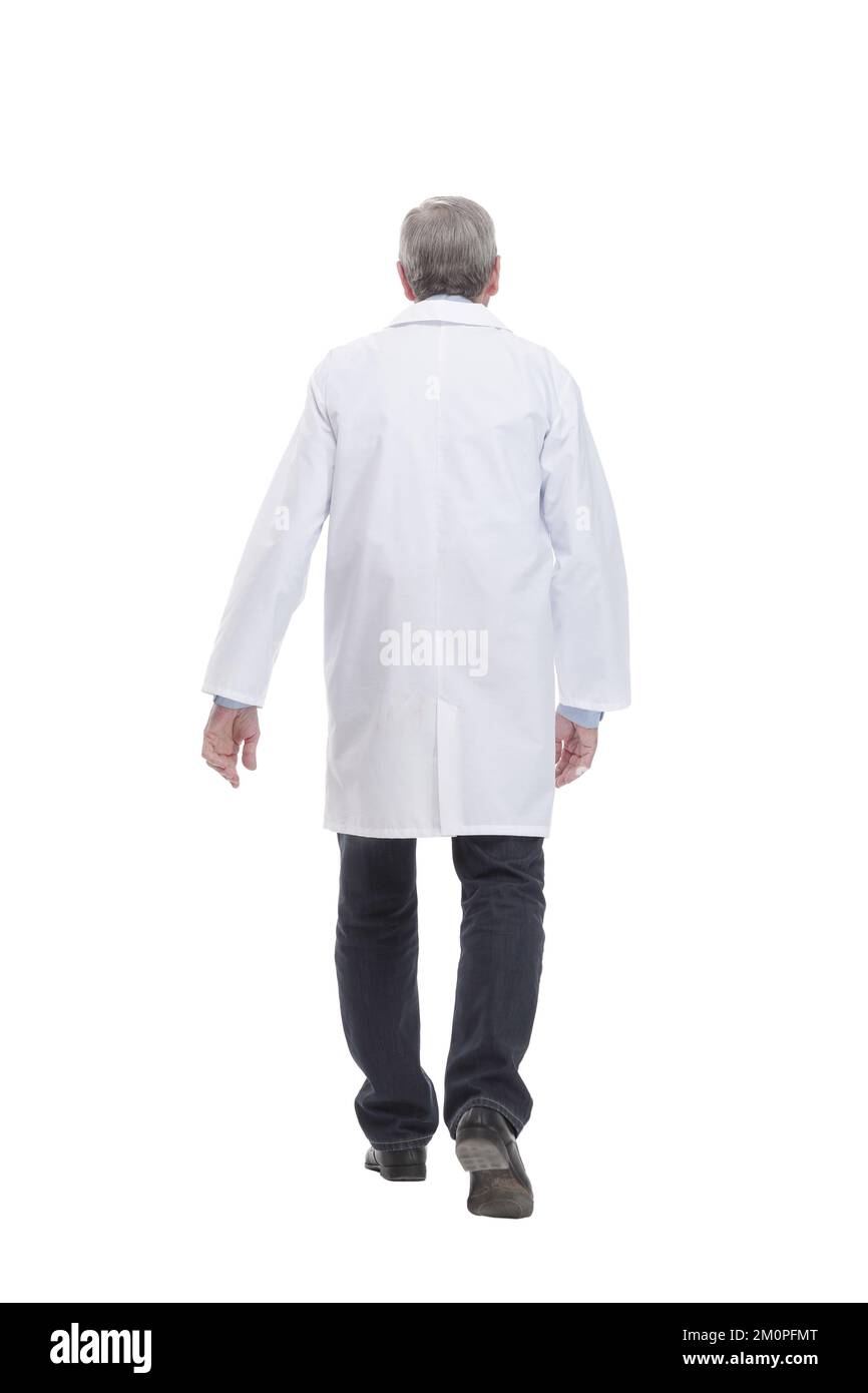 Senior doctor with stethoscope walking on white background Stock Photo ...