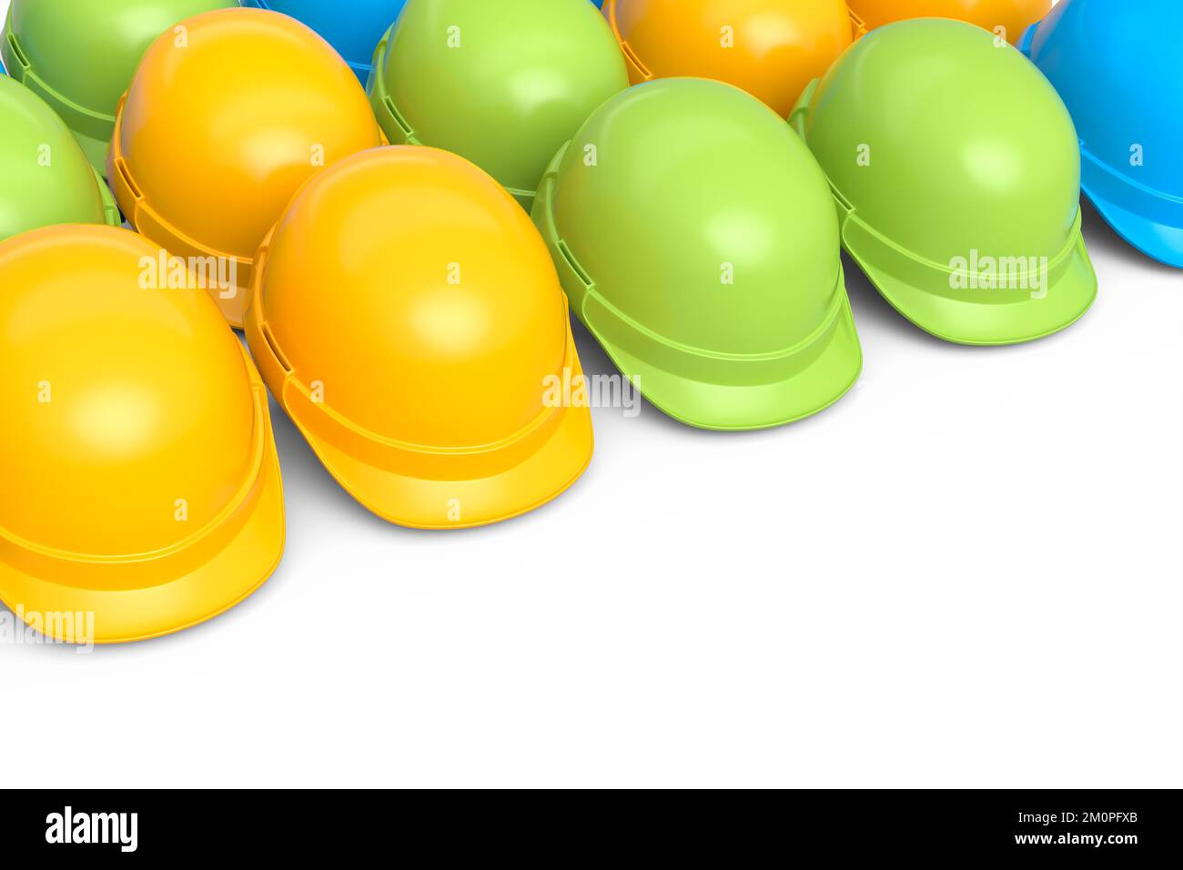 Set of safety helmets or hard caps for carpentry work in row on white ...