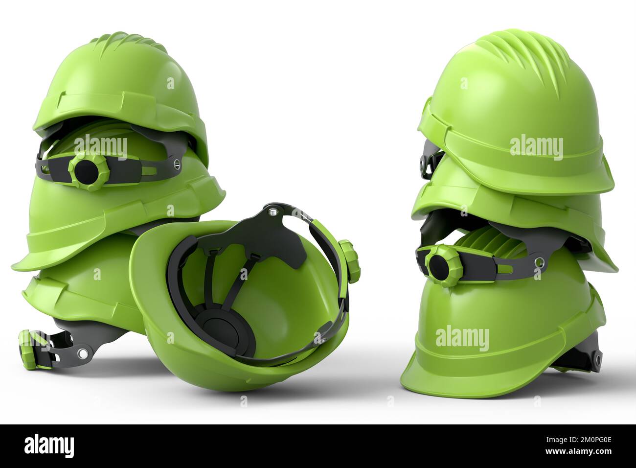Heap of safety helmets or hard caps on white background. 3d render and ...