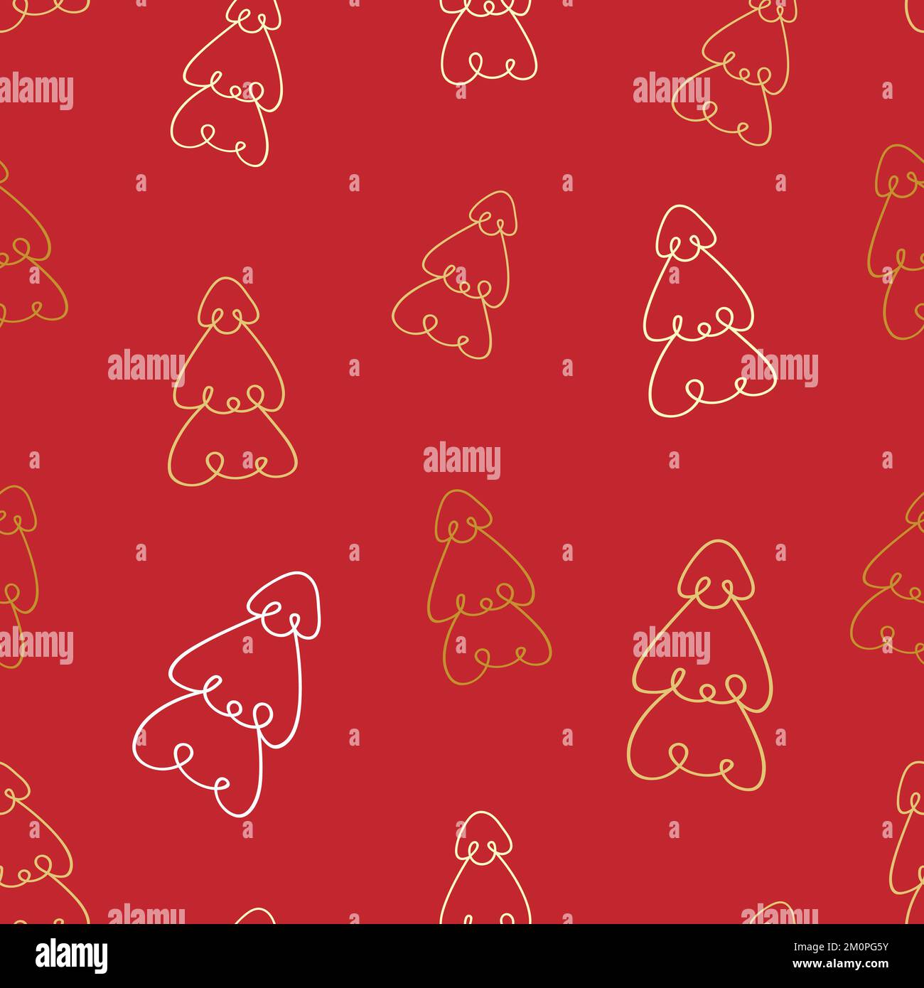 Seamless pattern of line Christmas tree on red background. Pine tree ...