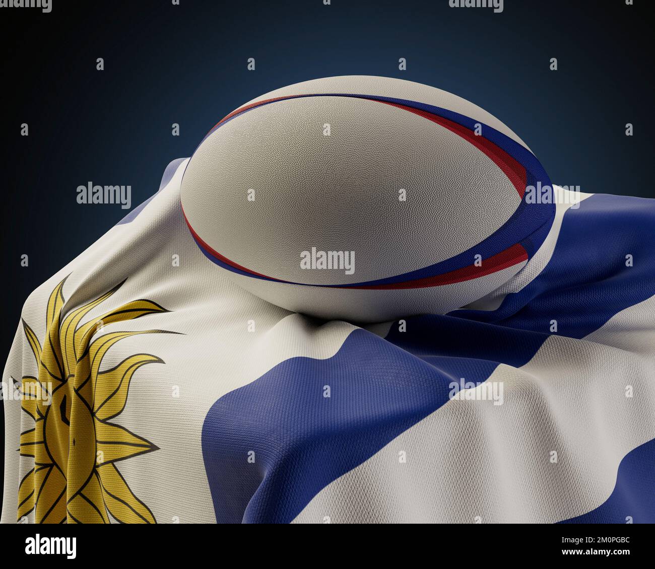 A regular rugby ball resting on a Uruguay flag draped over a plinth on ...
