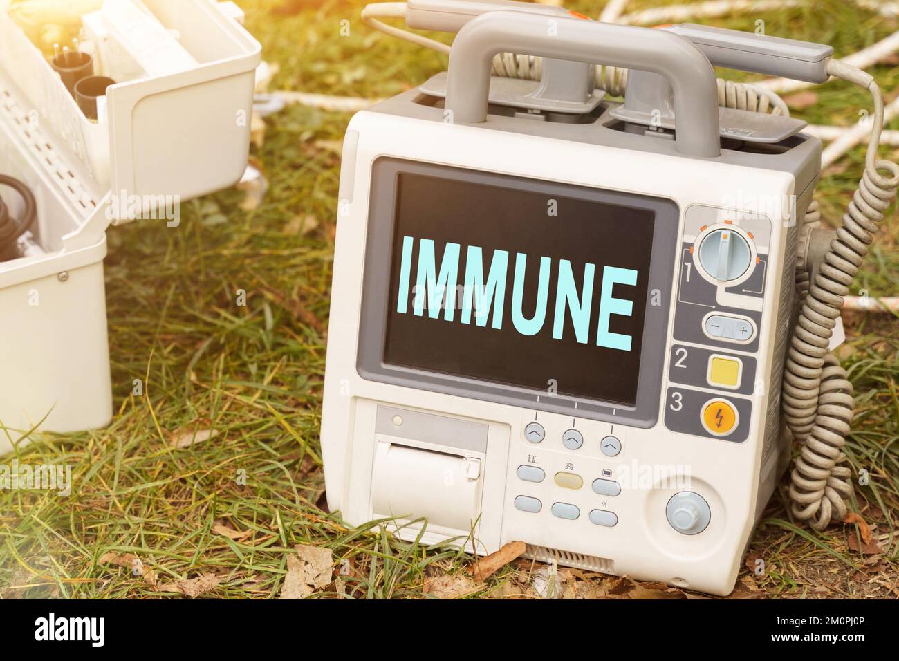 Medicine and health concept. The text is written on the defibrillator ...