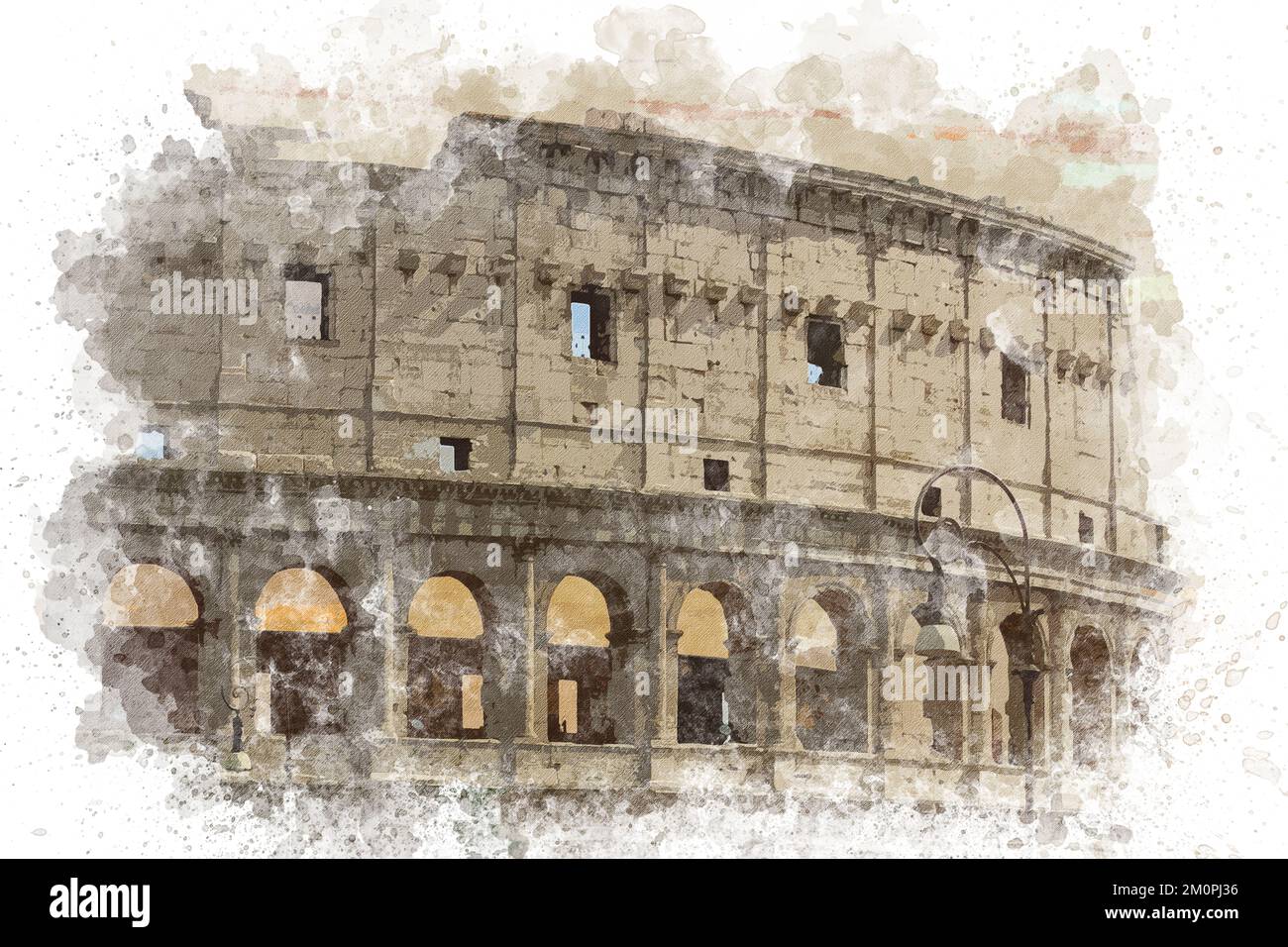 Watercolor illustration of Colosseum in Rome. Interior view of ...