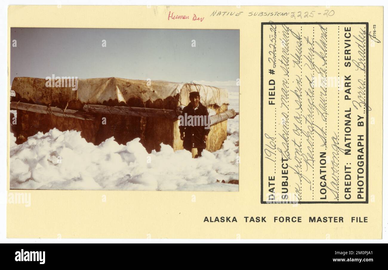 Eskimo man standing in front of a skin house reconstructed yurt. Alaska ...