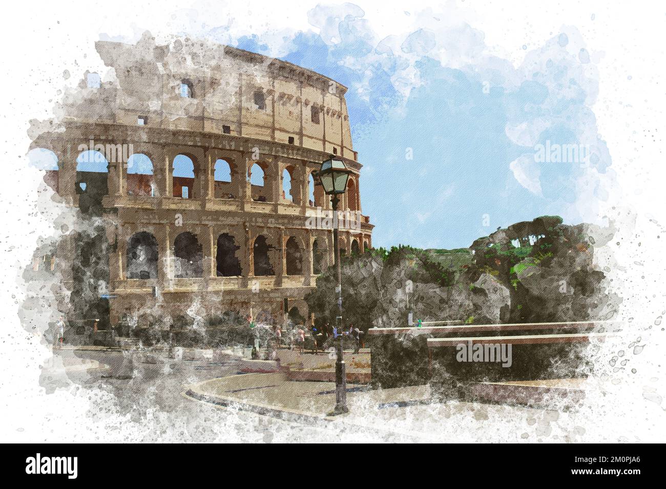 Watercolor illustration of Colosseum in Rome. Interior view of ...