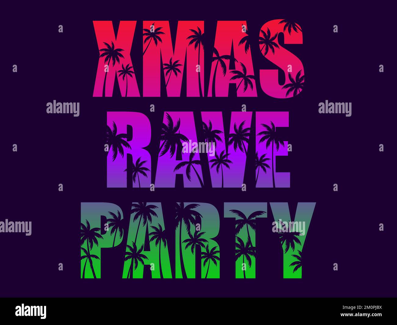 Xmas rave party. Text with palm trees, gradient christmas colors. Merry ...