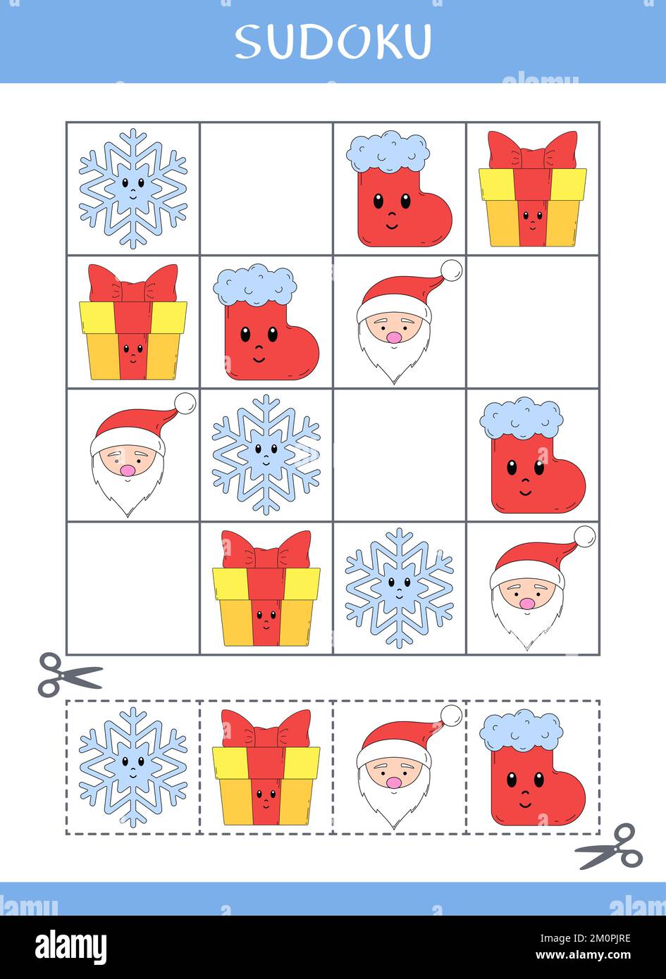 Sudoku for kids. Simple logic game. Cut and glue. Vector worksheet ...