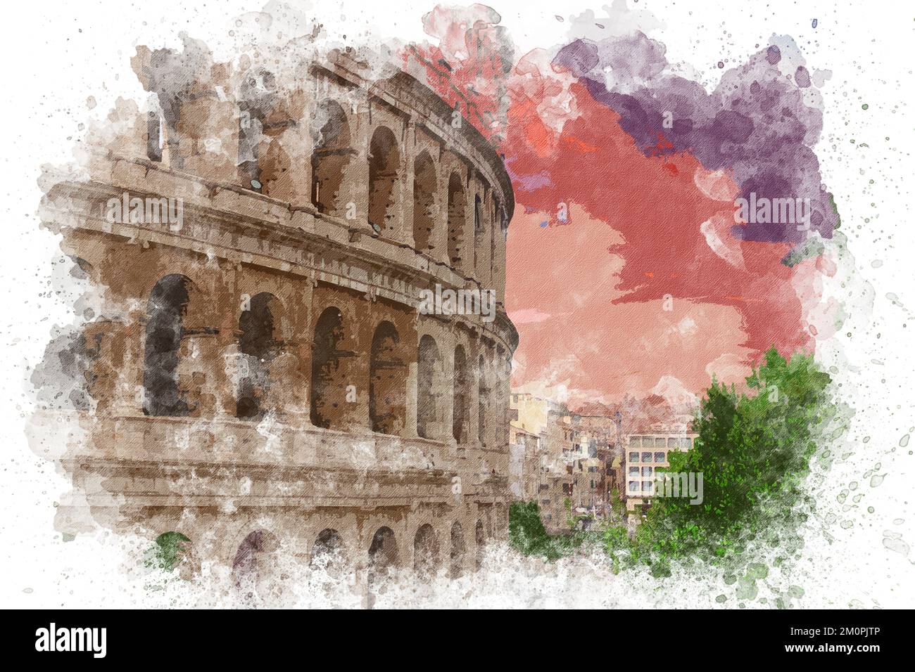 Watercolor illustration of Colosseum in Rome. Interior view of ...