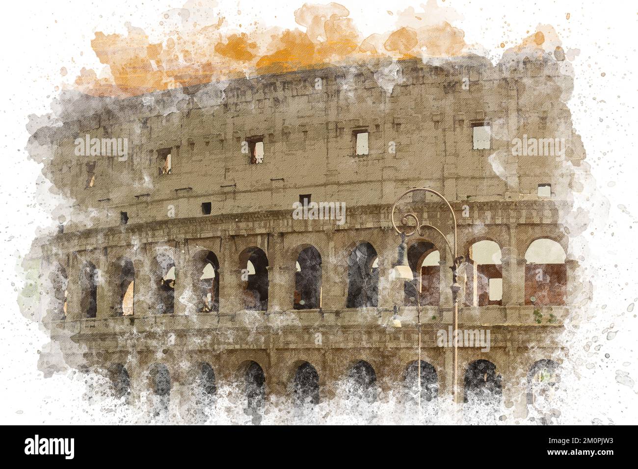 Watercolor illustration of Colosseum in Rome. Interior view of ...