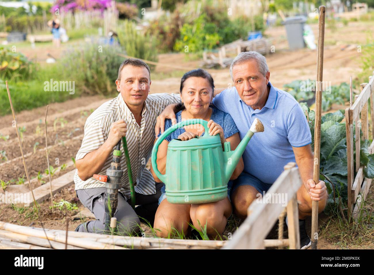 Photo of cheerful family in garden Stock Photo - Alamy