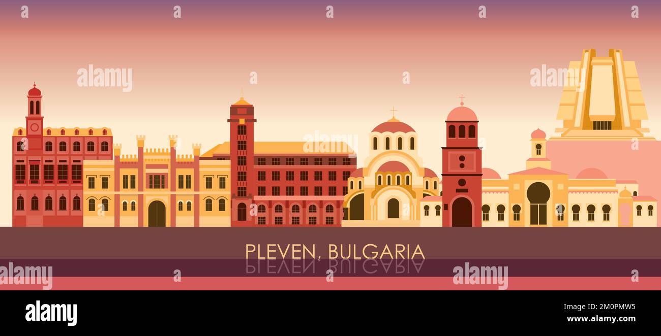 Sunset Skyline panorama of city of Pleven, Bulgaria - vector ...