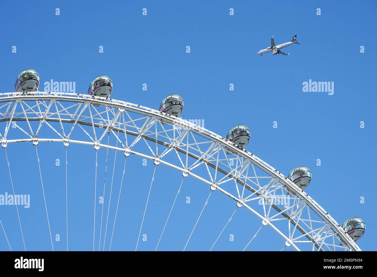 London Eye ferris wheel capsules on clear blue sky, London England ...