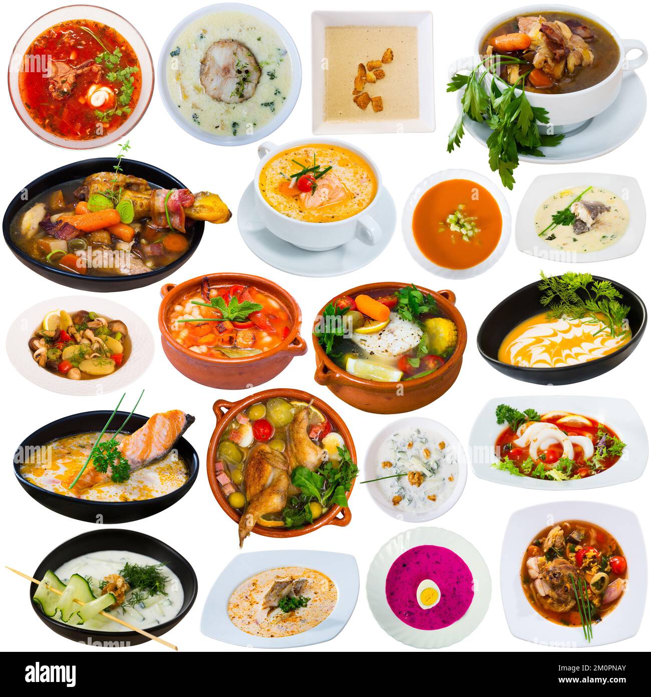 Collection of soups on white background Stock Photo - Alamy