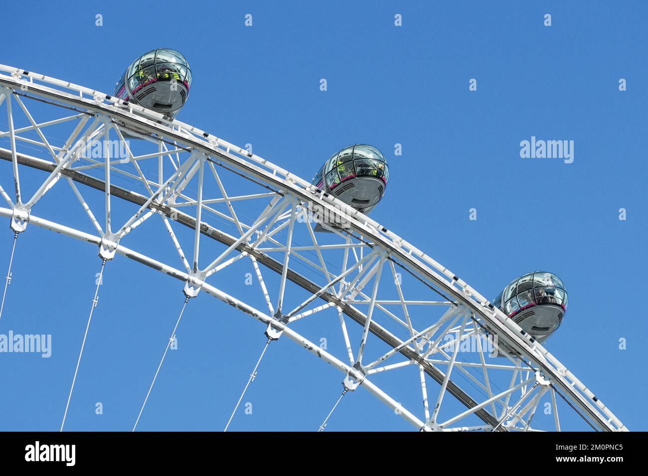 London Eye ferris wheel capsules on clear blue sky, London England ...