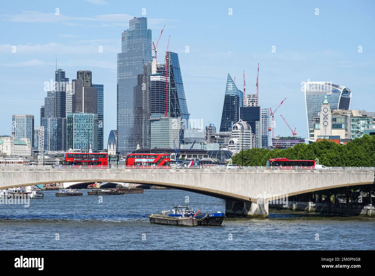 The City of London skyline with the River Thames and Waterloo Bridge ...