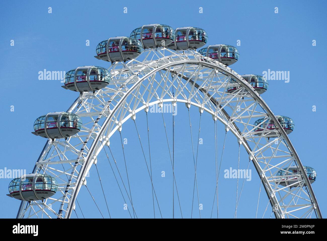 London Eye ferris wheel capsules on clear blue sky, London England ...