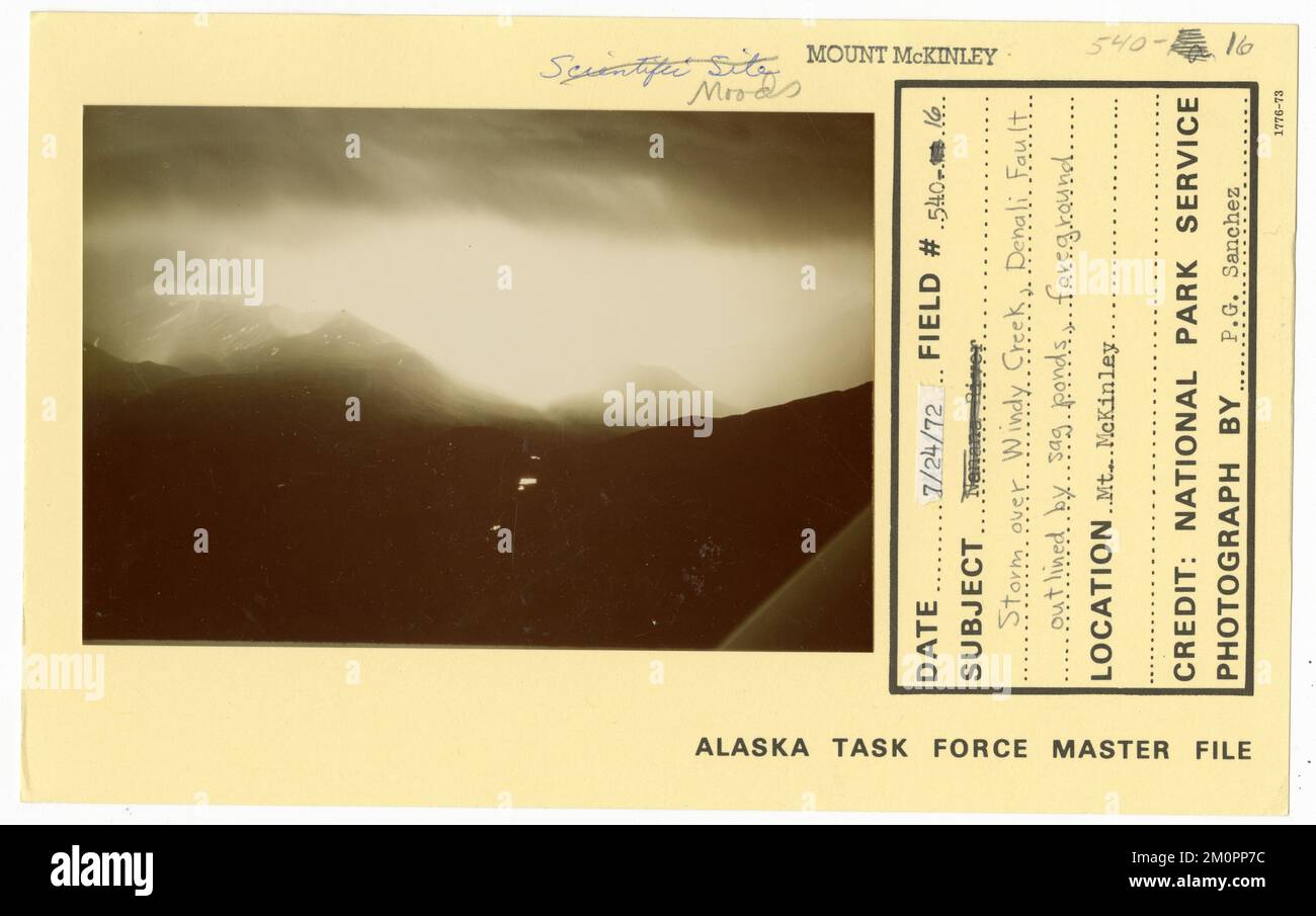 Storm over Windy Creek, Denali Fault outlined by sag ponds, foreground ...
