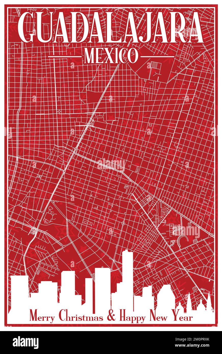 Red vintage hand-drawn Christmas postcard of the downtown GUADALAJARA ...