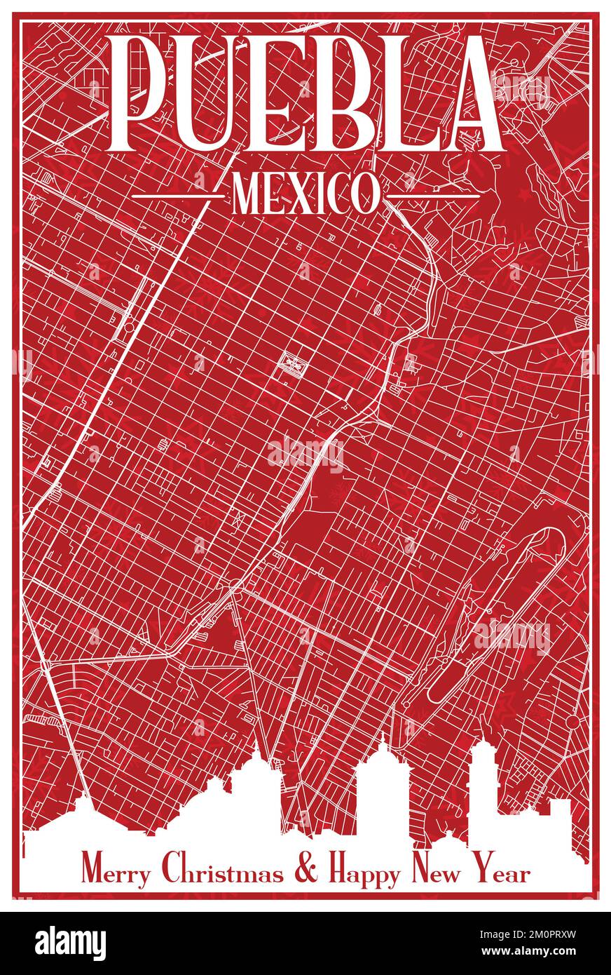 Red vintage hand-drawn Christmas postcard of the downtown PUEBLA ...