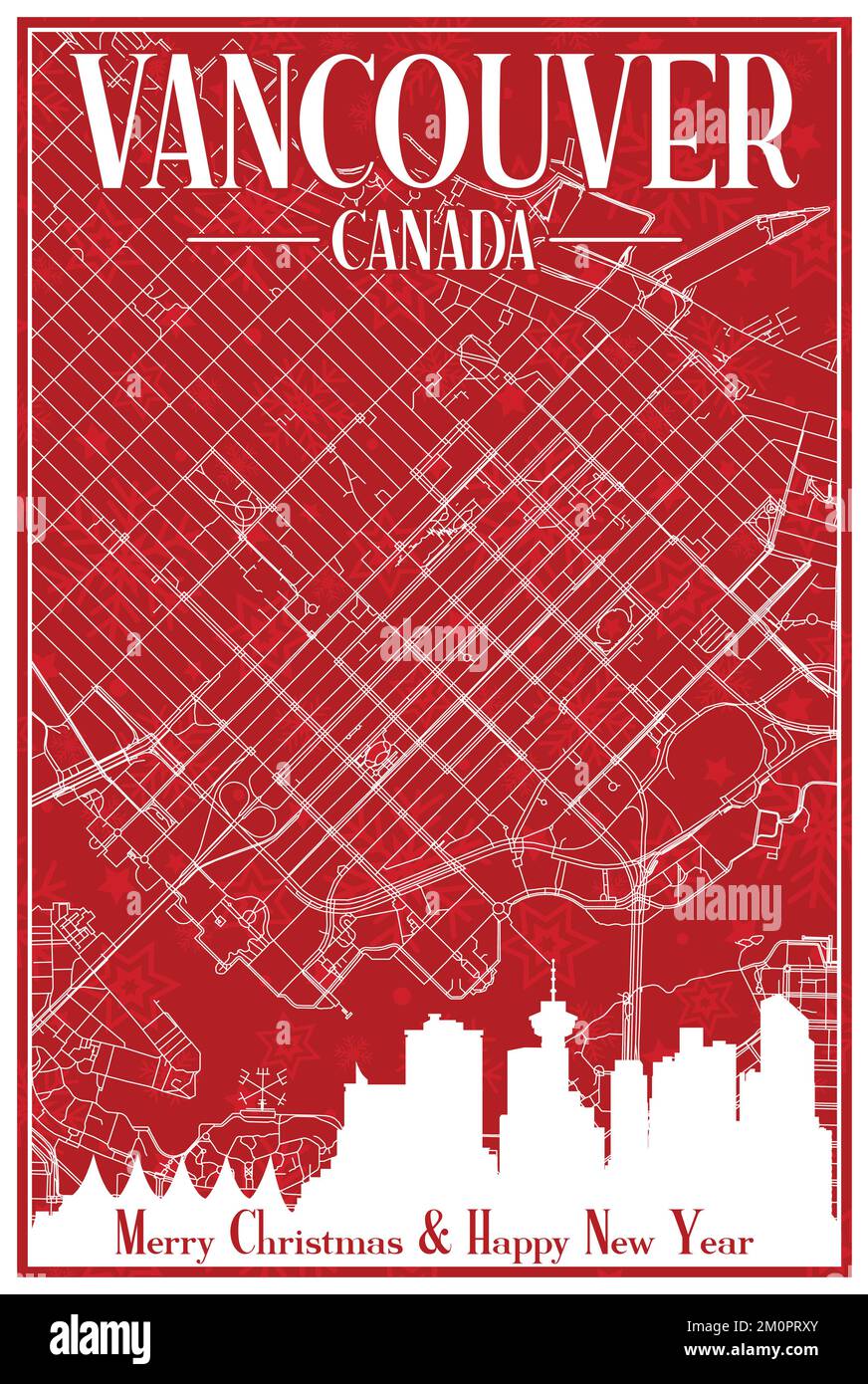 Red vintage hand-drawn Christmas postcard of the downtown VANCOUVER ...