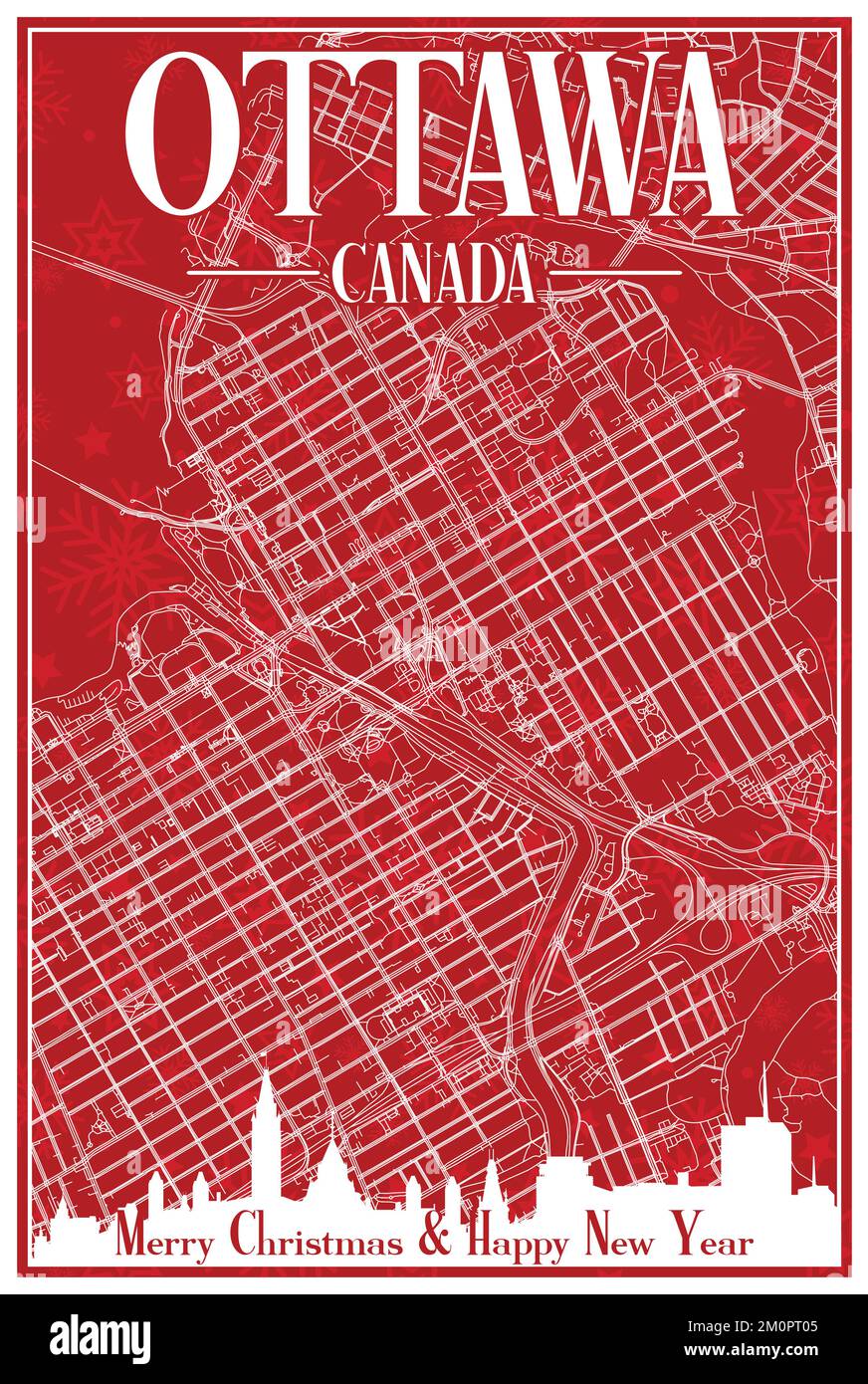 Red vintage hand-drawn Christmas postcard of the downtown OTTAWA ...