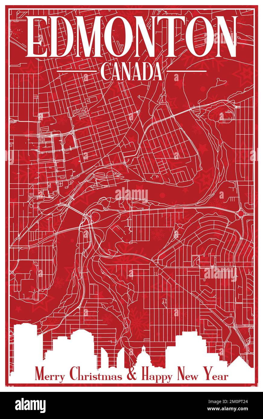 Red vintage hand-drawn Christmas postcard of the downtown EDMONTON ...