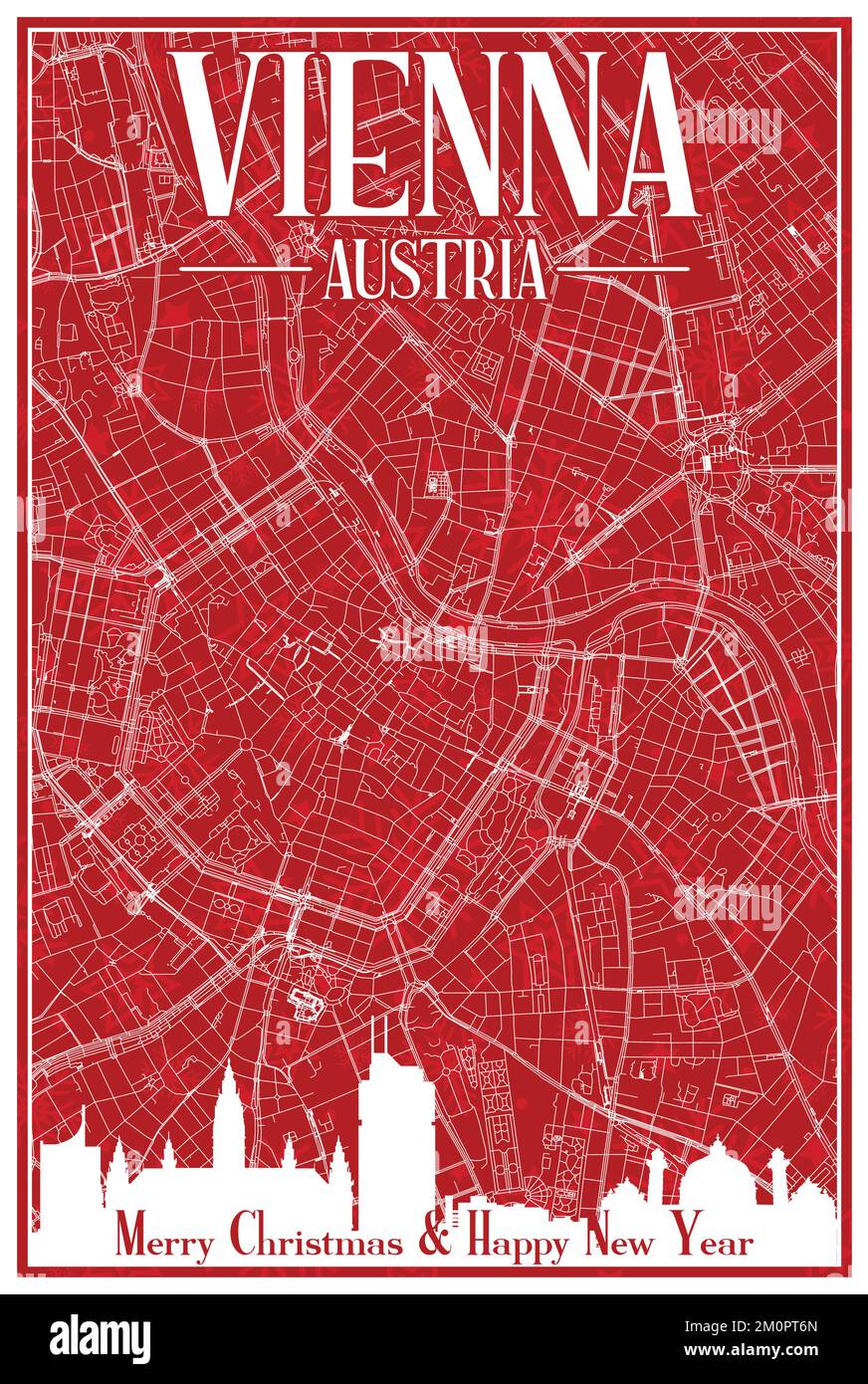 Red vintage hand-drawn Christmas postcard of the downtown VIENNA ...