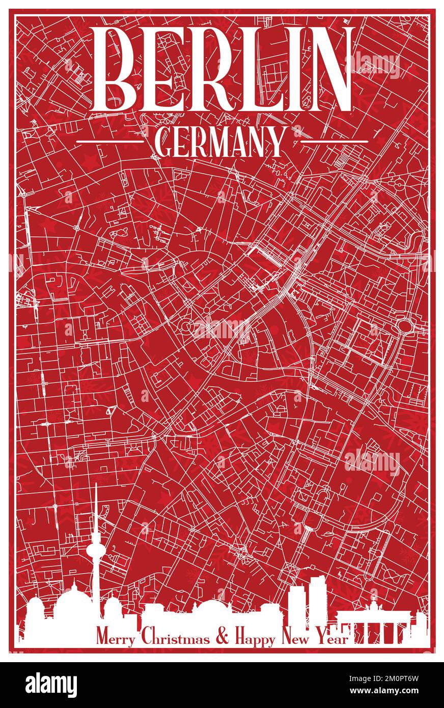 Red vintage hand-drawn Christmas postcard of the downtown BERLIN ...