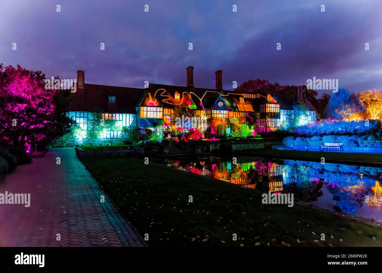 The Laboratory Building illuminated with colourful lights reflected in ...