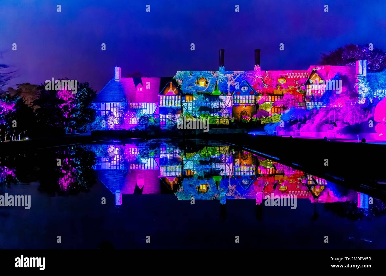 The Laboratory Building illuminated with colourful lights reflected in ...