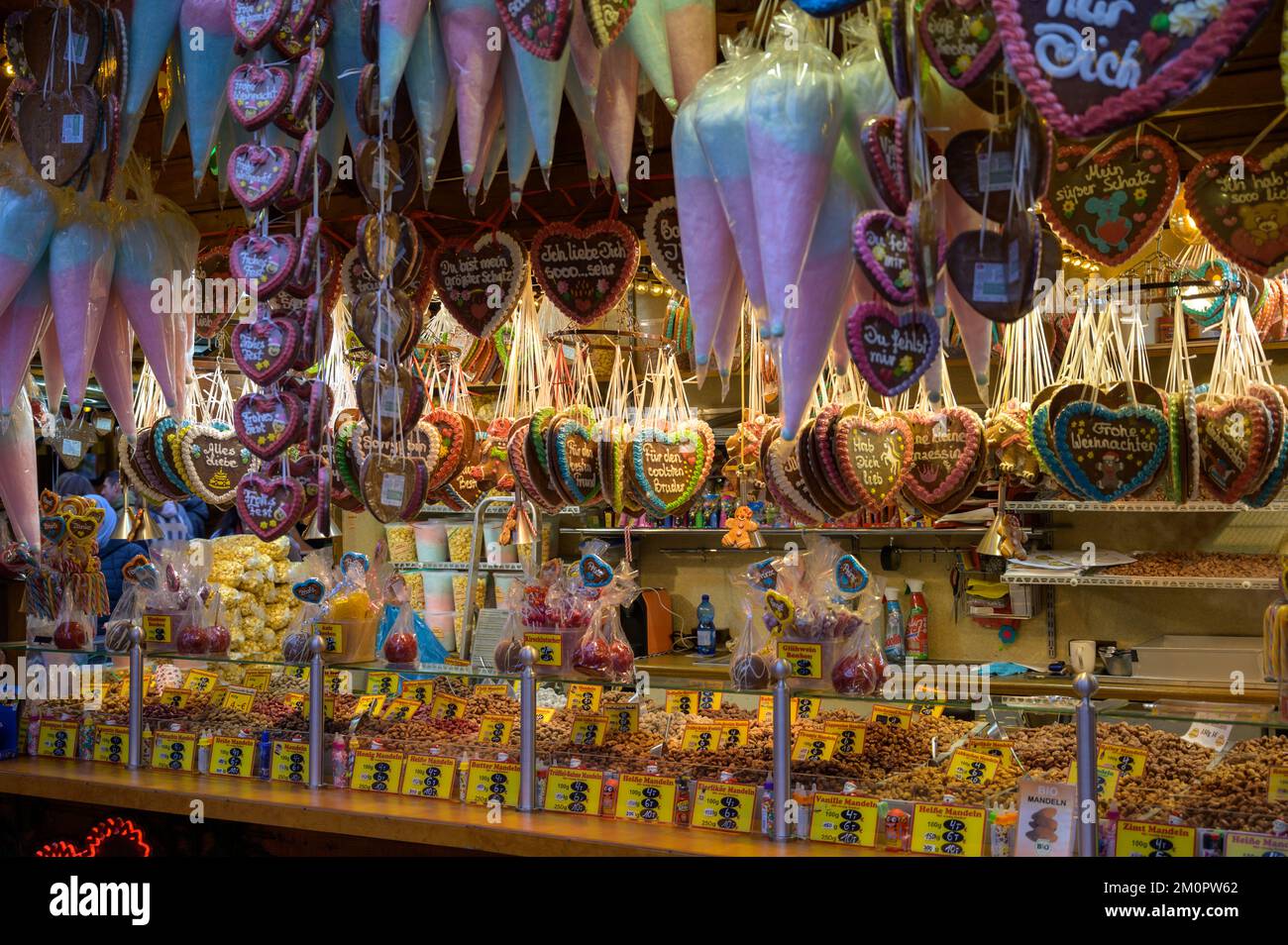 BONN, GERMANY - DECEMBER 6, 2022: Christmas market candy stall display ...