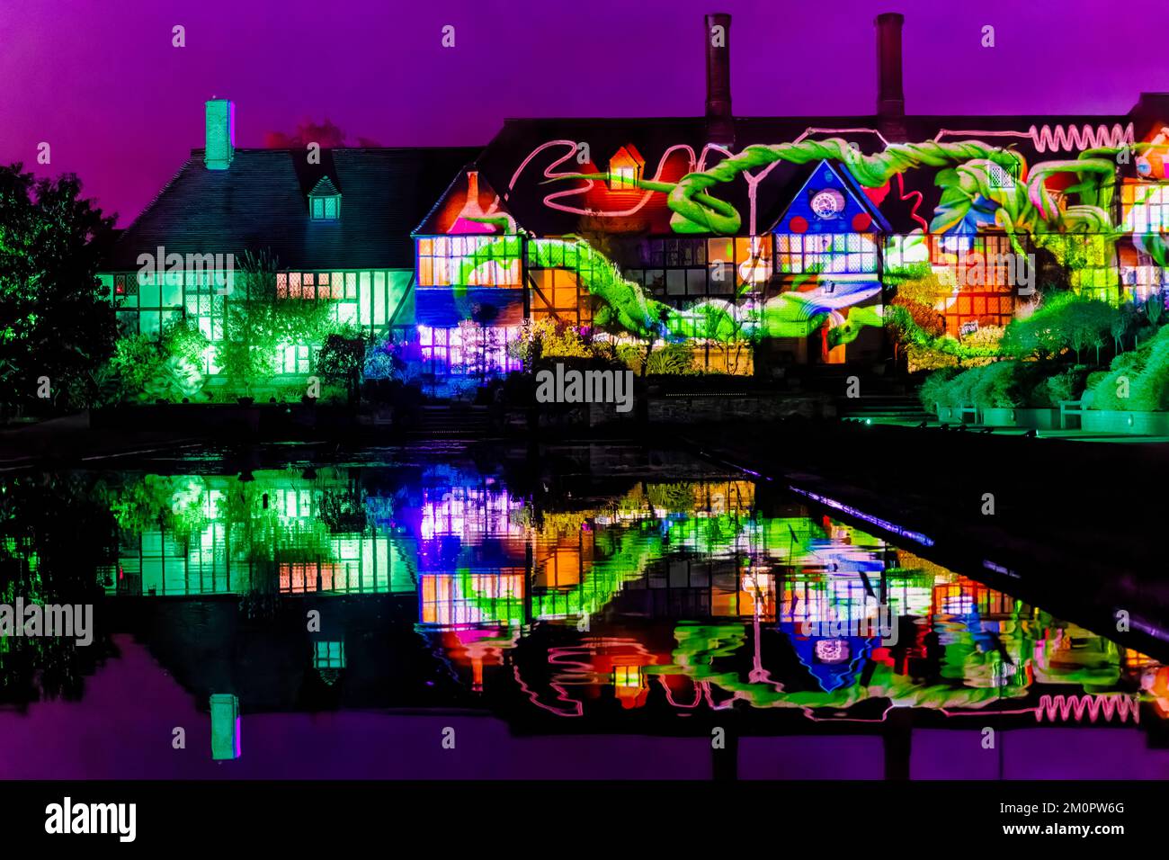 The Laboratory Building illuminated with colourful lights reflected in ...
