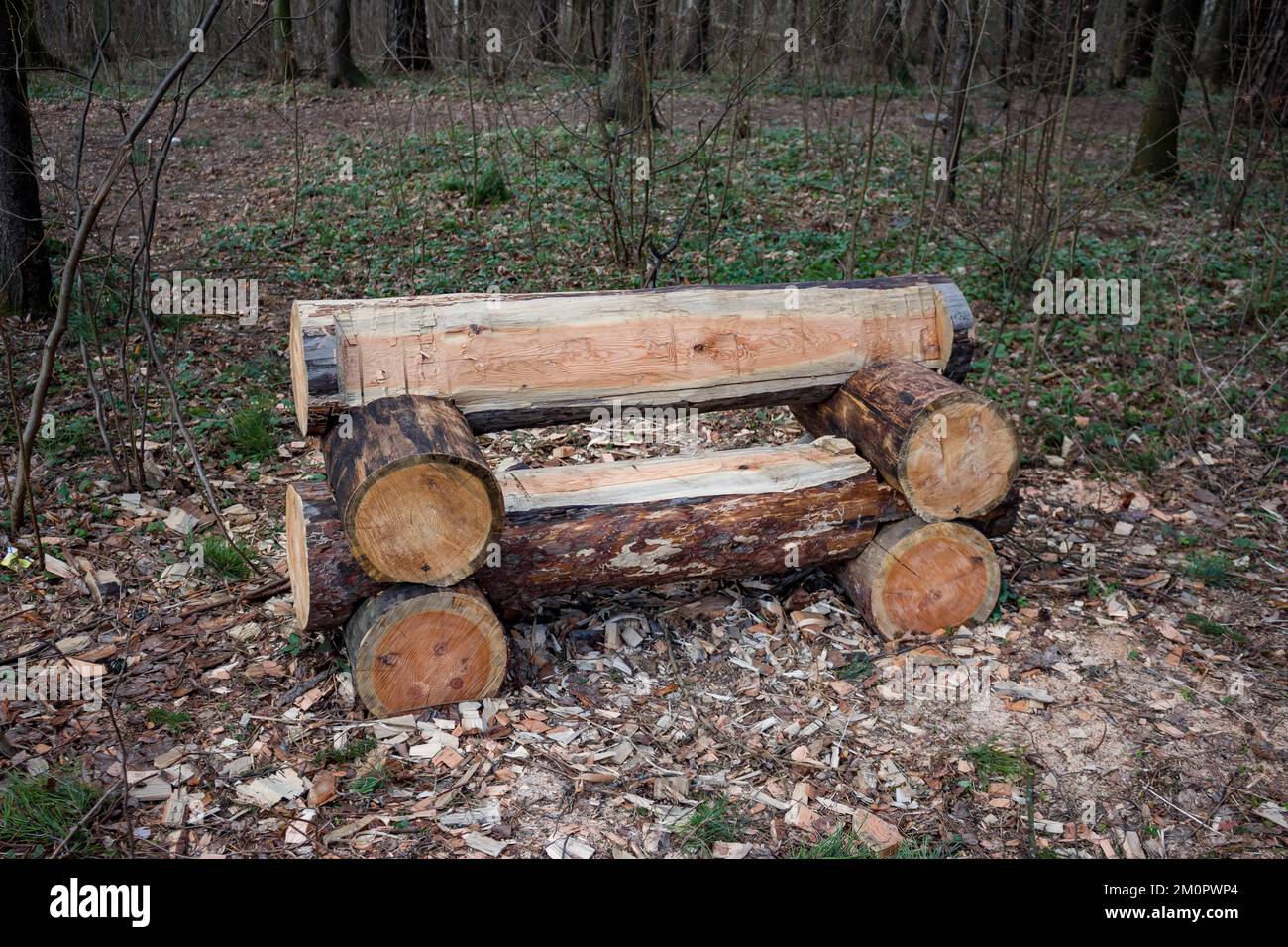 Wooden bench in the park built from the logs of a fallen tree Stock ...
