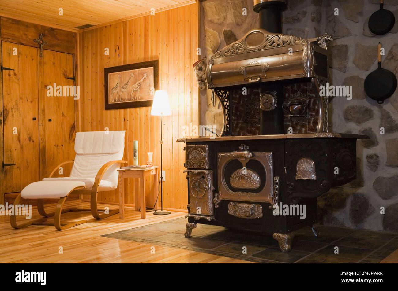 Antique cast iron wood stove in basement family room inside 1978 built ...