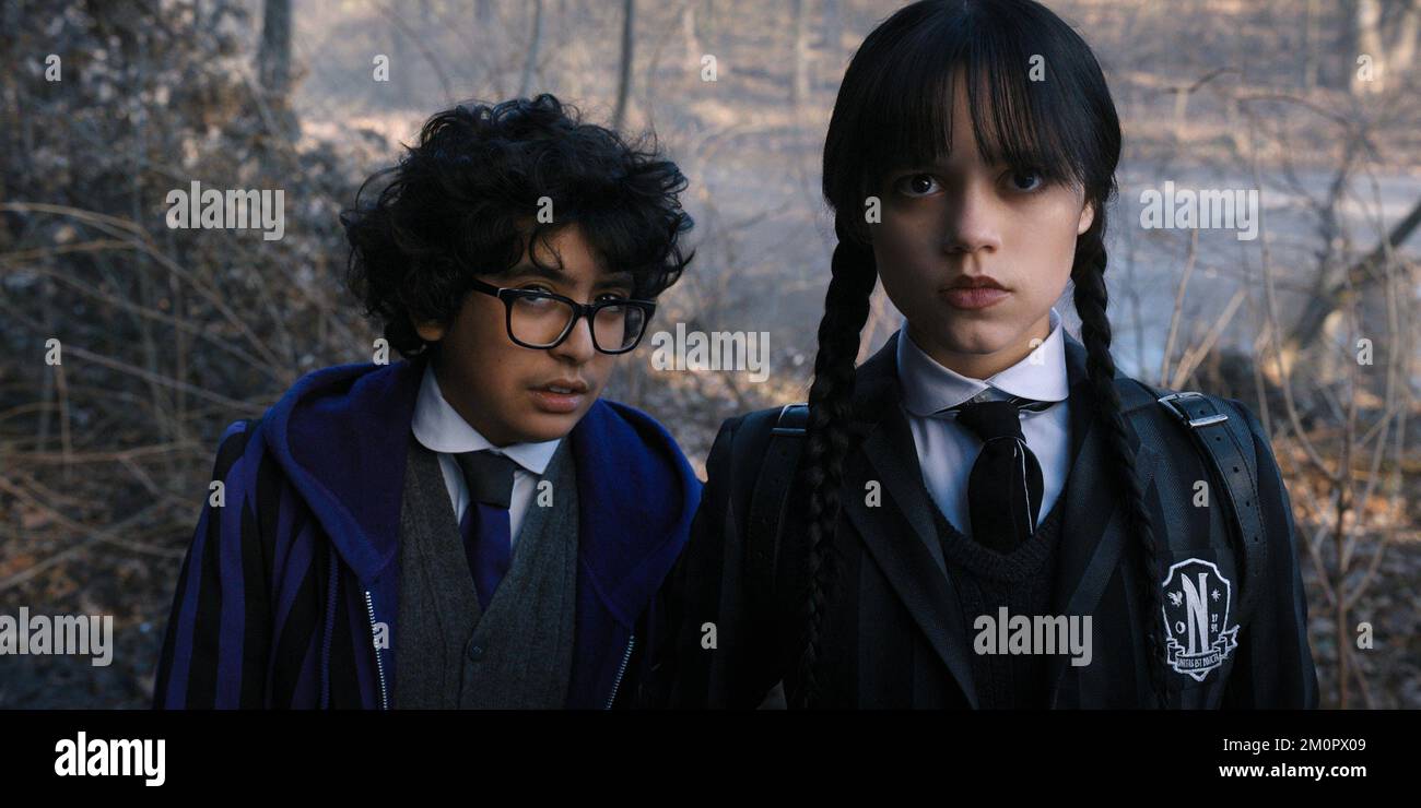 WEDNESDAY, from left: Moosa Mostafa, Jenna Ortega, 'Woe What A Night ...