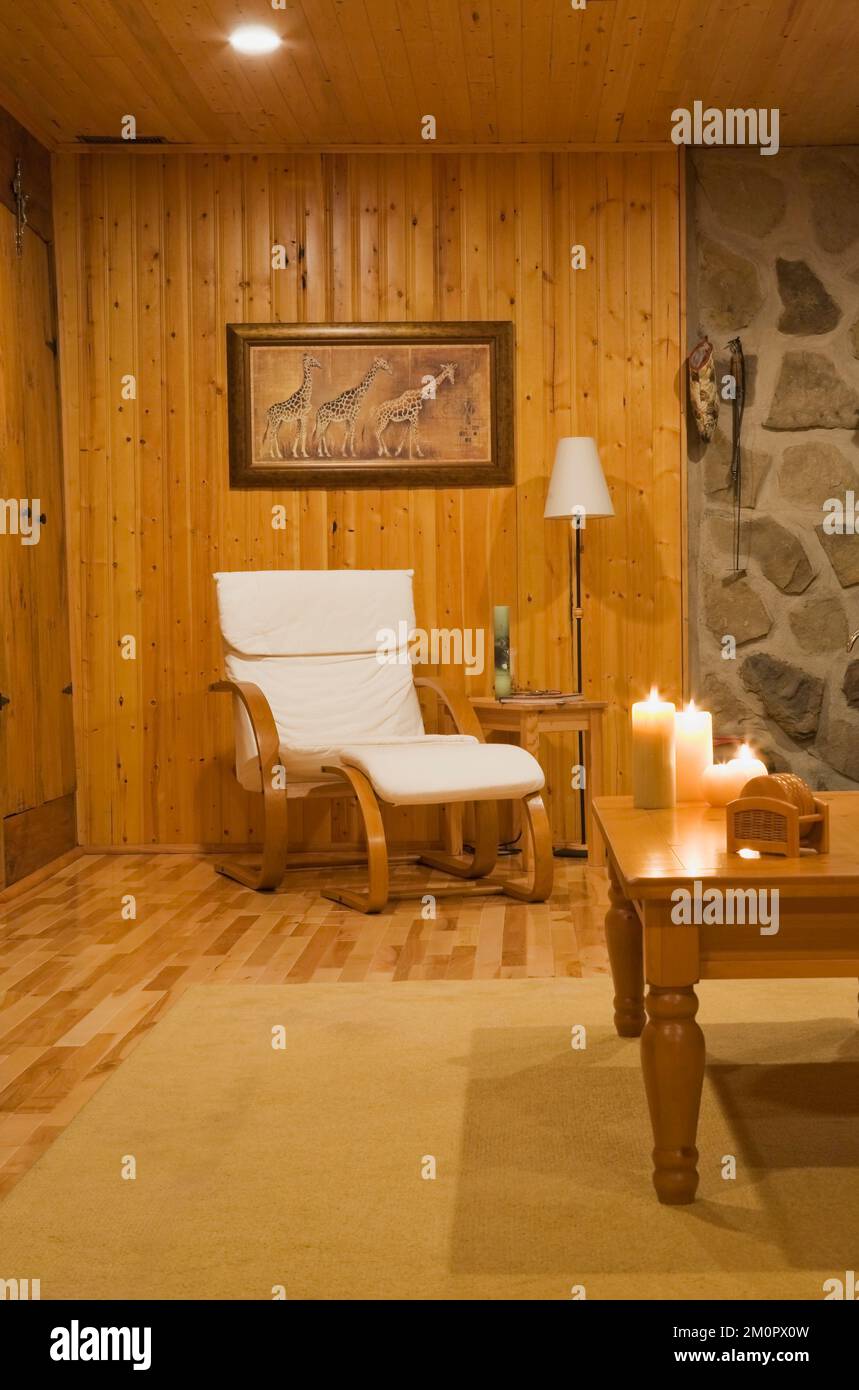 White cloth long chair and table in basement family room inside 1978 ...