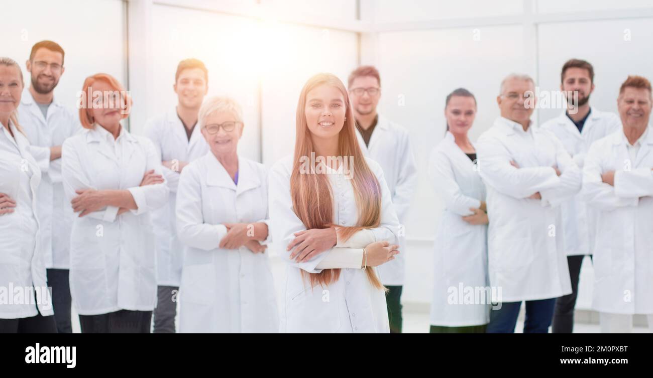 young researcher standing ahead of her senior colleagues Stock Photo ...