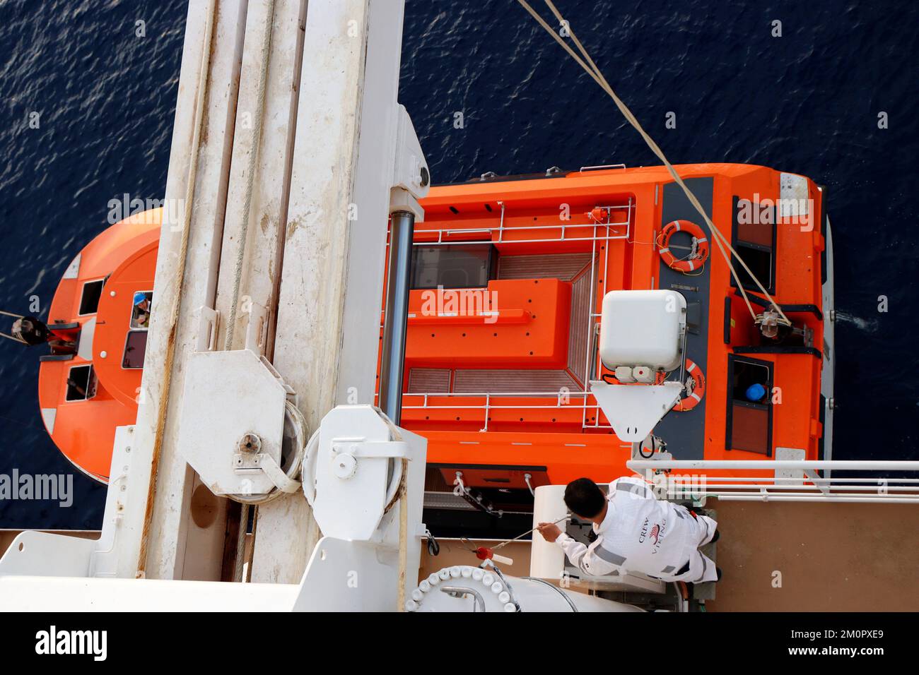 Ship tender being lowered aboard the Cruise Ship Viking Jupiter Stock ...