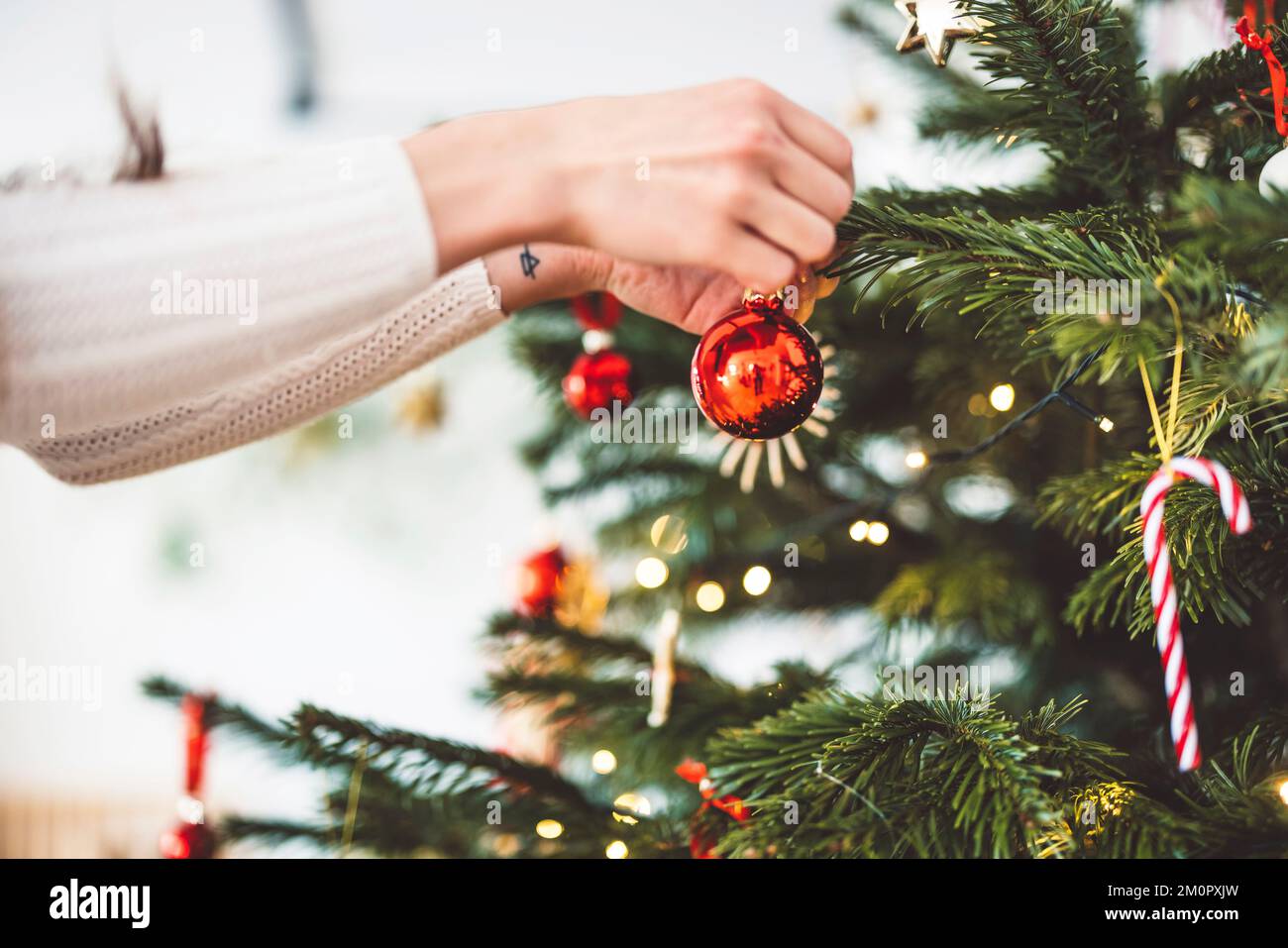 Red Christmas ornament being put on the Christmas tree by an ...