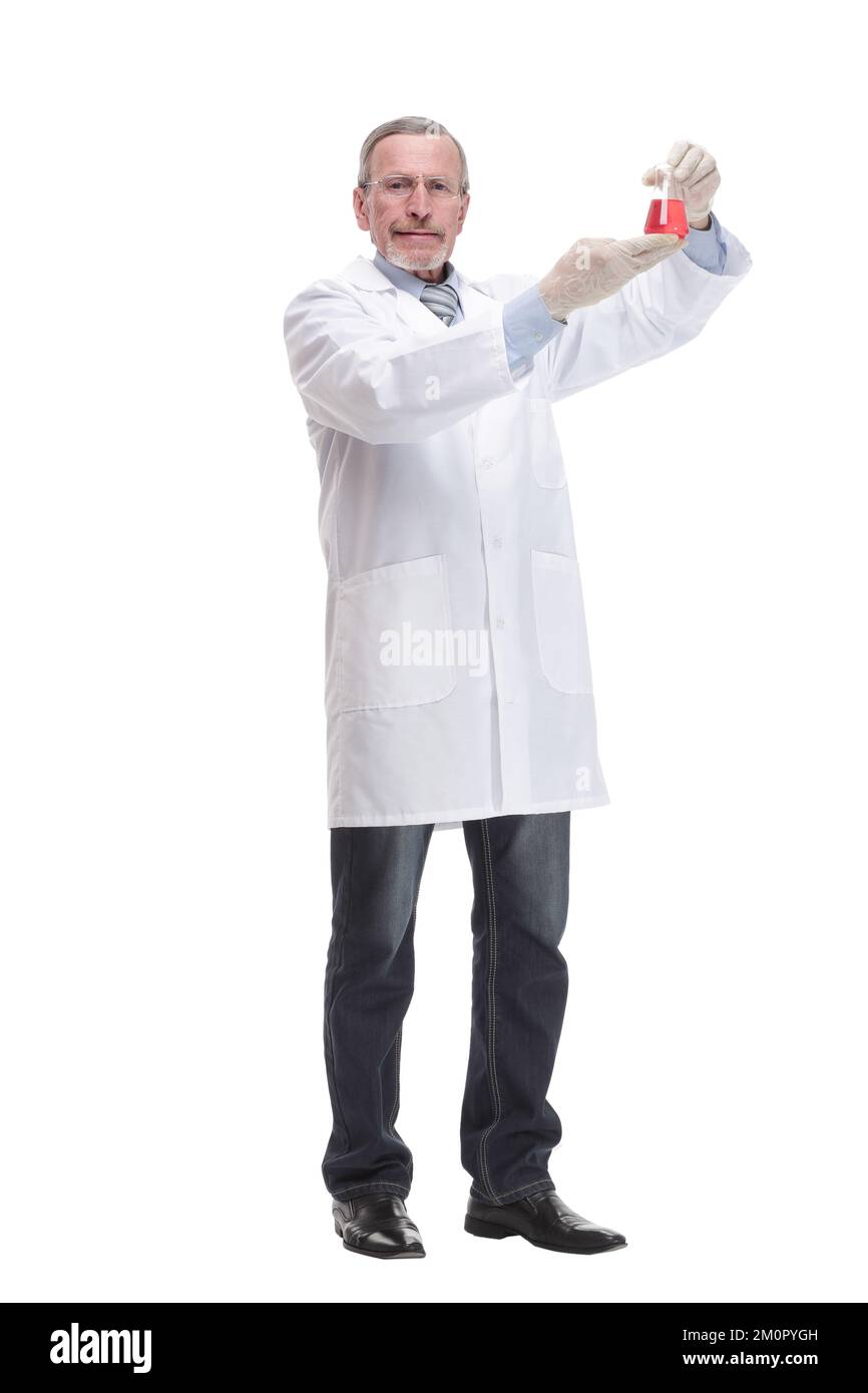 Portrait of a doctor wearing glasses and rubber gloves holding ...