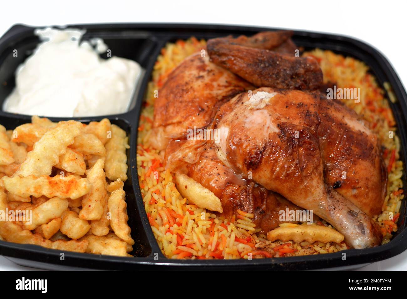 Arabic Syrian cuisine of machine grilled barbecued chicken with ...
